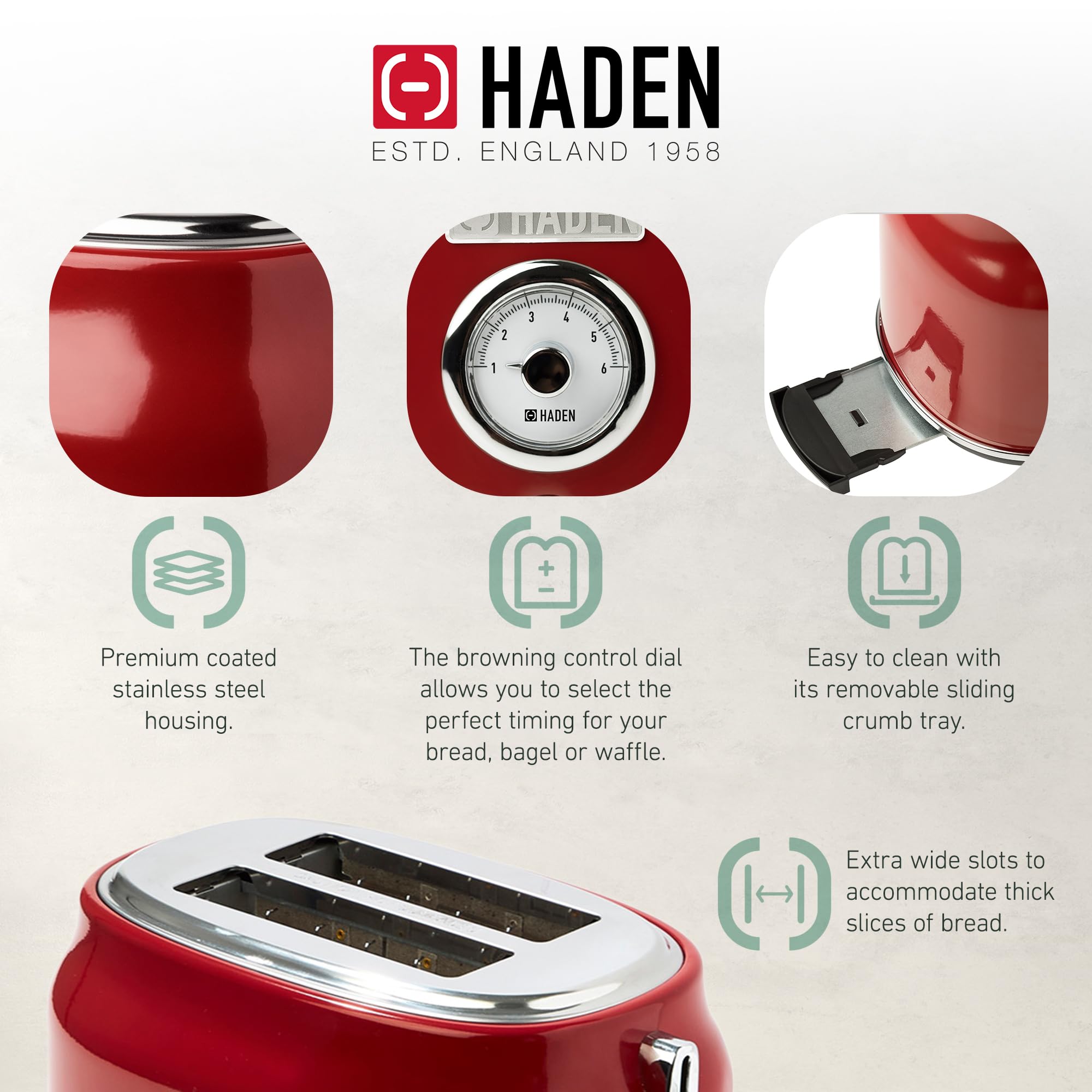 Haden Dorset 2 Slice Wide Slot Stainless Steel Toaster with Adjustable Browning Control & Non-Slip Feet, Rectory Red
