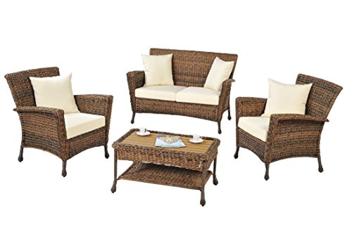 W Unlimited Rustic Collection Outdoor Garden Patio Light Brown Wicker Coffee Table Wood Table Top Aluminum Frame