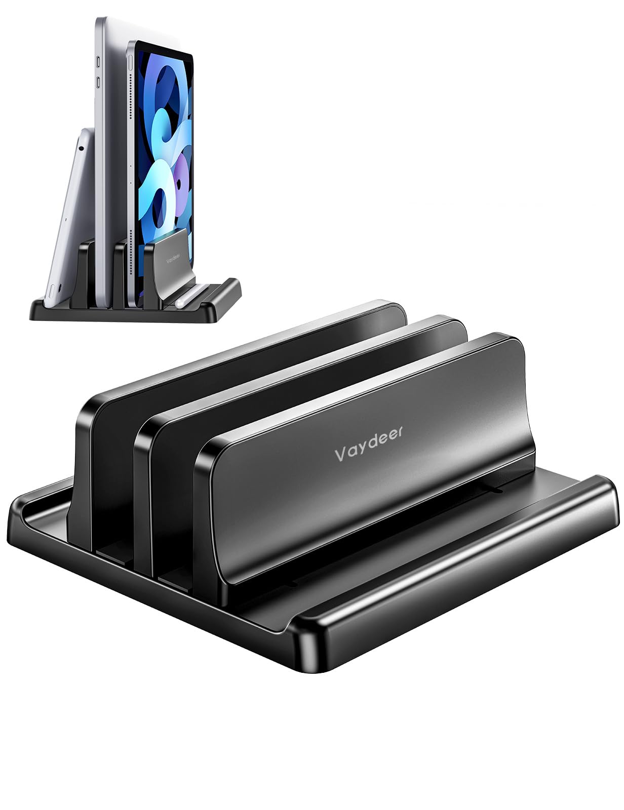 Vaydeer Plastic Dual-Slot Adjustable Vertical Laptop Stand 4 in 1 Design Space-Saving for All MacBook, Chromebook, Surface, Dell, iPad Up to 17.3 Inches - Black