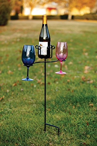 Picnic Plus Wrought Iron Wine Glass & Bottle Ground Stake Garden Stake 30" Tall Wine Bottle Holder Made in USA