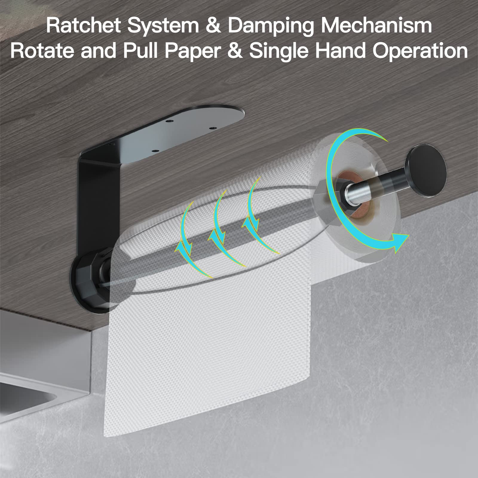 CYY Paper Towel Holder, Single Hand Operable Paper Towel Holder Under Cabinet with Damping Effect Adhesive Wall Mount Paper Towel Holder for Bathroom Kitchen Black