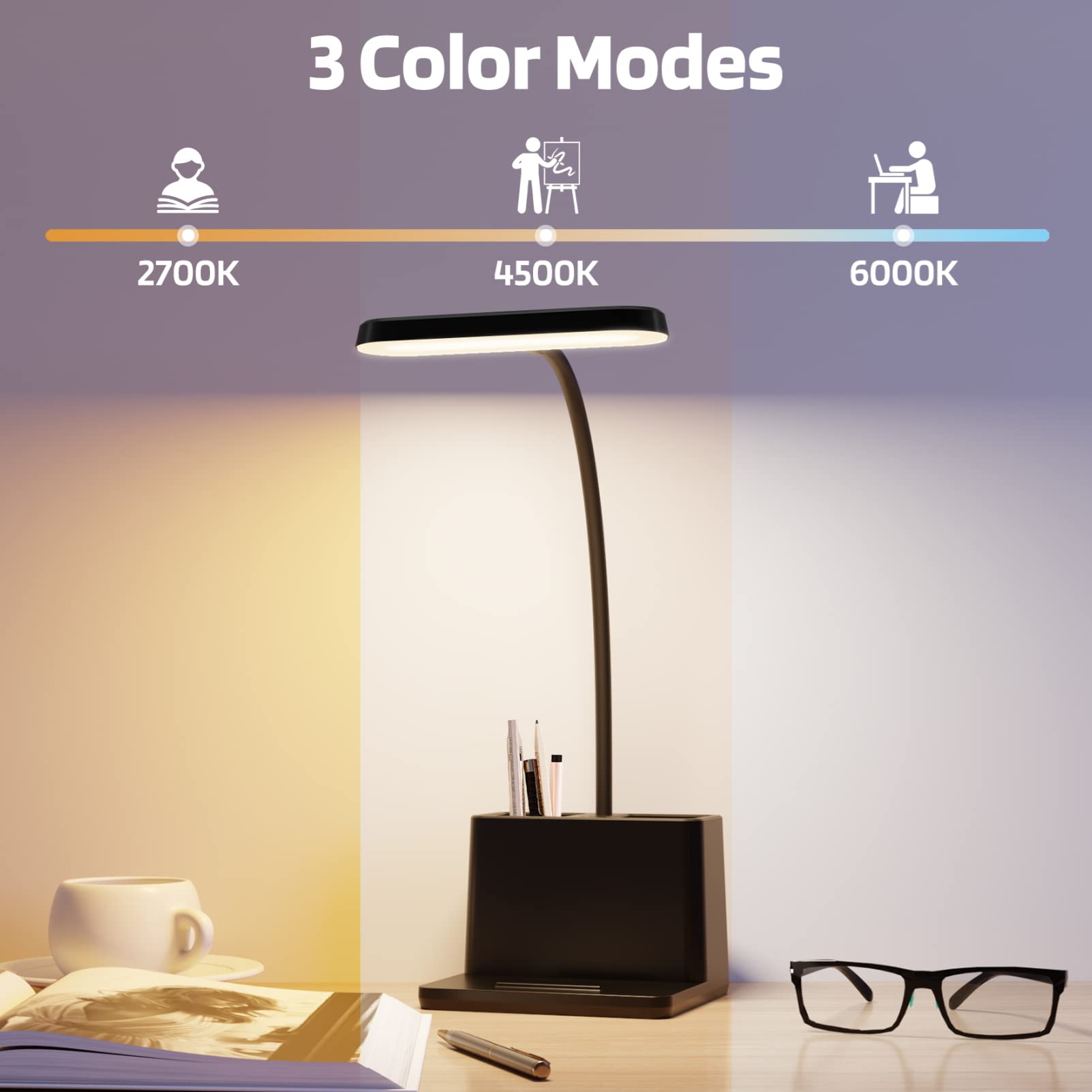 Battery Operated Desk Lamp, Small Desk Light for Home Office, Dunkok Rechargeable Desktop Lamp, LED Portable Lamp with Adjustable Gooseneck, Black Study Reading Lamp for Kids, Charger Adapter Included
