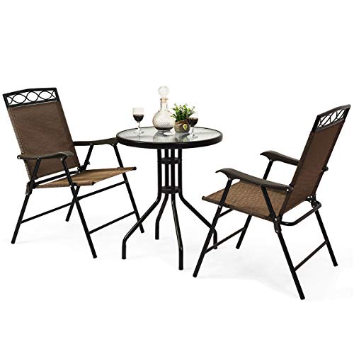 S AFSTAR 3-Piece Bistro Set, Patio Dining Furniture Set, Round Textured Glass Tabletop w/Umbrella Hole, Outdoor Conversation Set for Backyard Garden Poolside