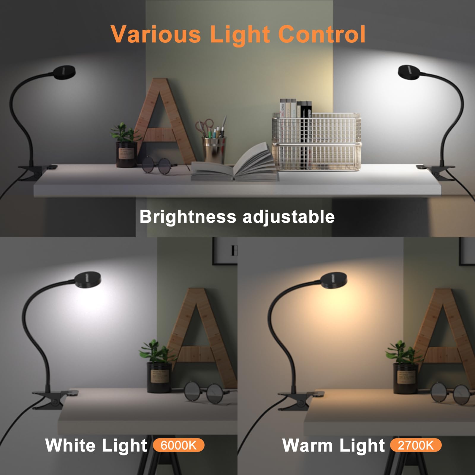 LEPOWER Clip on Light / Book Light / Reading Light with 2 Color Changeable/ Night Light Clip on for Desk, Bed Headboard and Computers (Black)