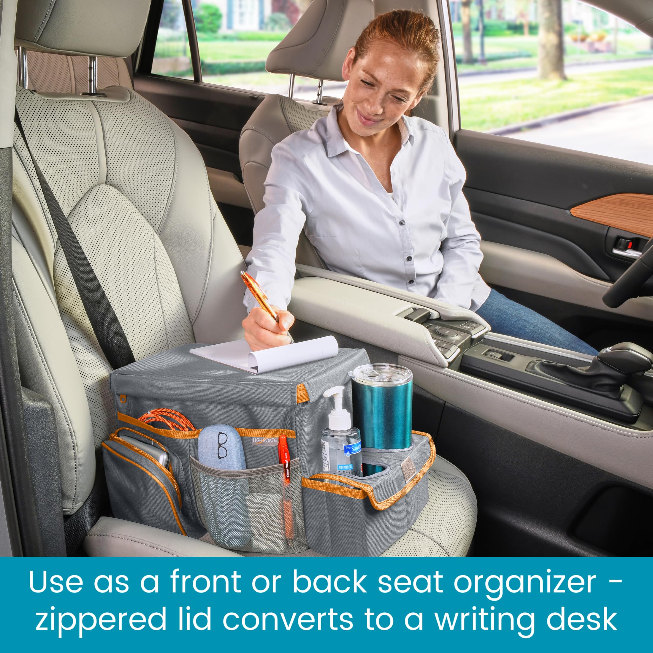 High Road CarHop Car Seat Organizer - Back Seat Organizer for Kids or Front Seat Organizer for Drivers with Cup Holders, Tray Top, Side Pockets and Soft Cooler or Storage Compartment