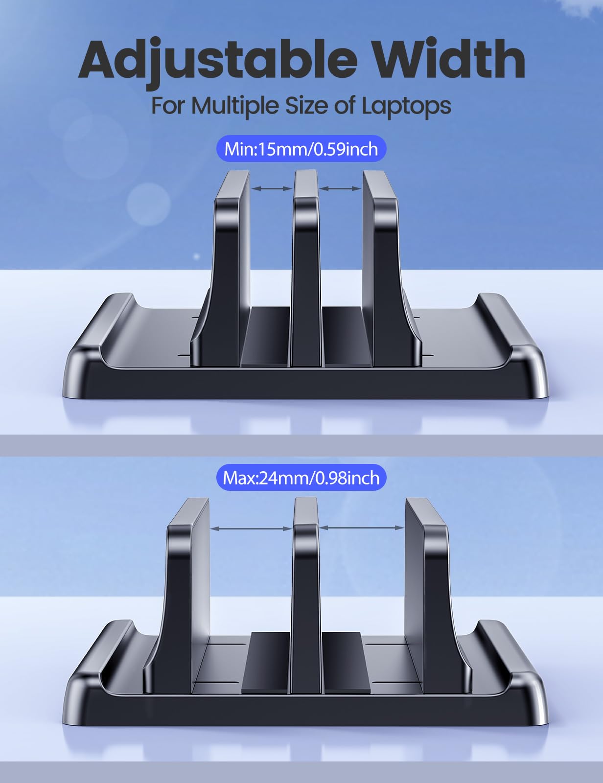 Vaydeer Plastic Dual-Slot Adjustable Vertical Laptop Stand 4 in 1 Design Space-Saving for All MacBook, Chromebook, Surface, Dell, iPad Up to 17.3 Inches - Black