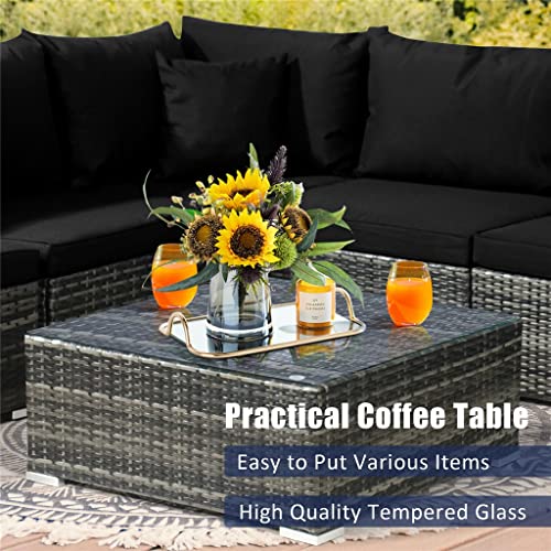 SLNFXC 7PCS Patio Rattan Furniture Set Sectional Sofa Garden Black Cushion Corner Sofas and Single Sofas
