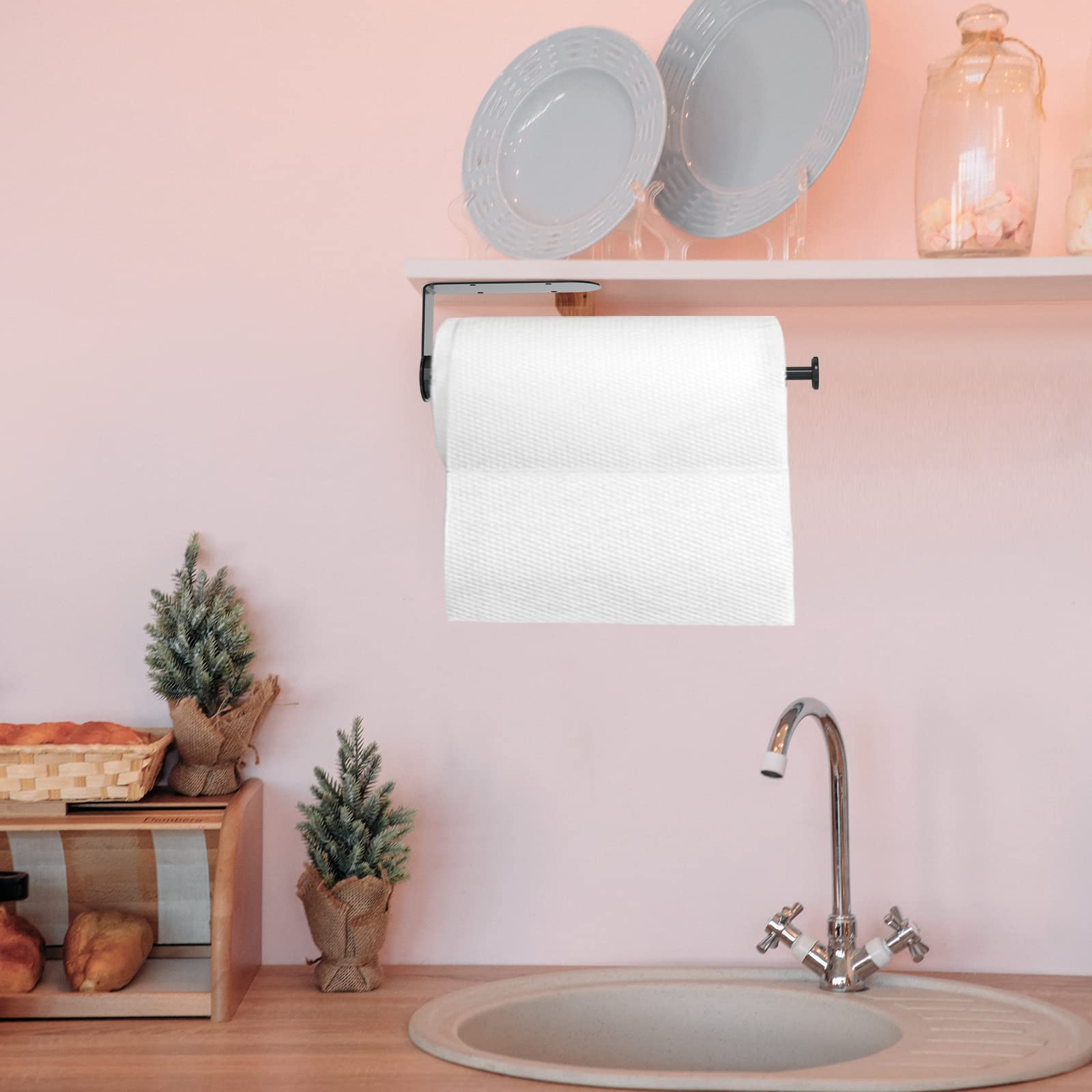 CYY Paper Towel Holder, Single Hand Operable Paper Towel Holder Under Cabinet with Damping Effect Adhesive Wall Mount Paper Towel Holder for Bathroom Kitchen Black