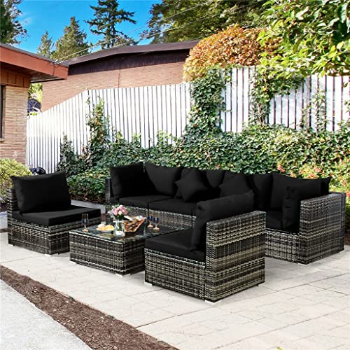 SLNFXC 7PCS Patio Rattan Furniture Set Sectional Sofa Garden Black Cushion Corner Sofas and Single Sofas