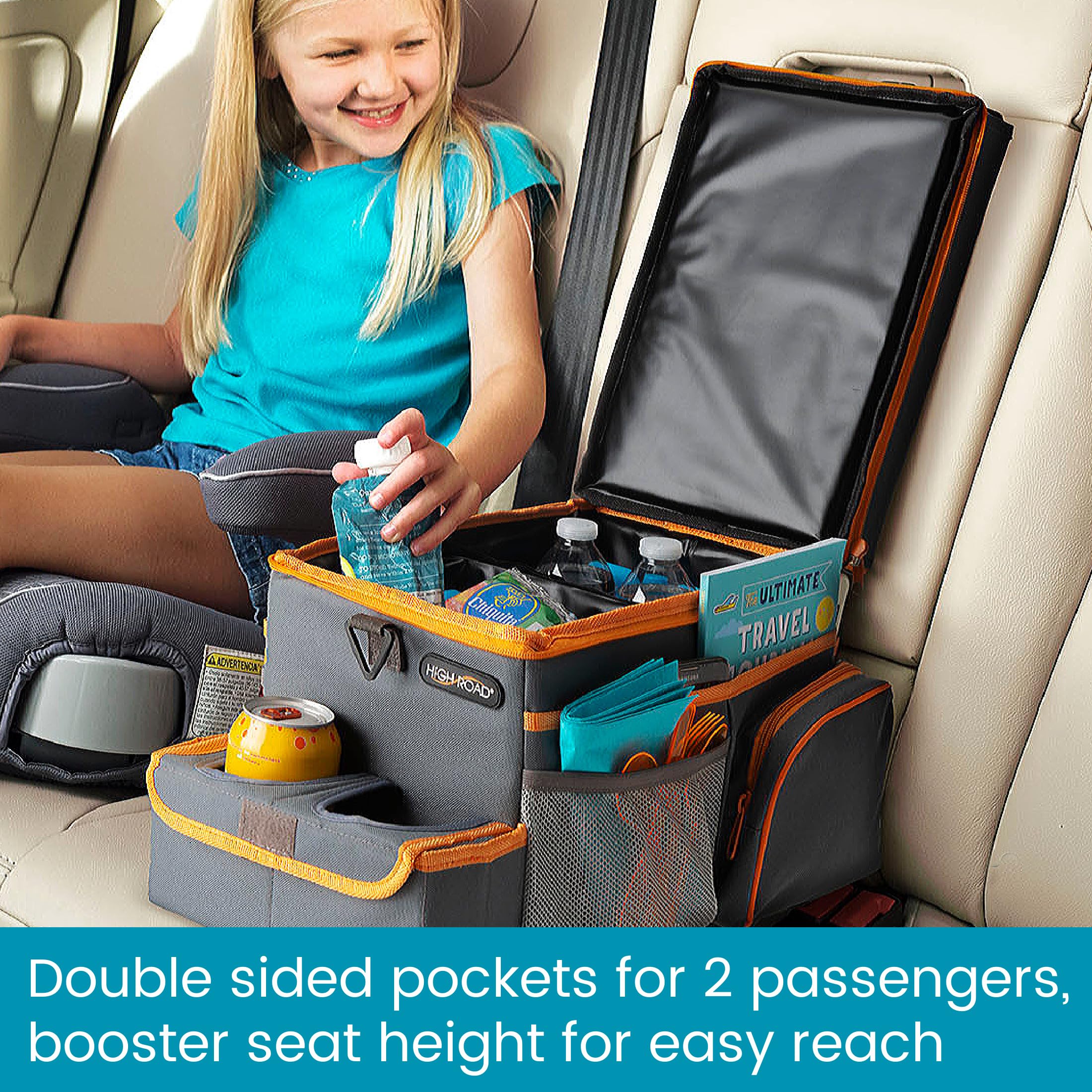 High Road CarHop Car Seat Organizer - Back Seat Organizer for Kids or Front Seat Organizer for Drivers with Cup Holders, Tray Top, Side Pockets and Soft Cooler or Storage Compartment