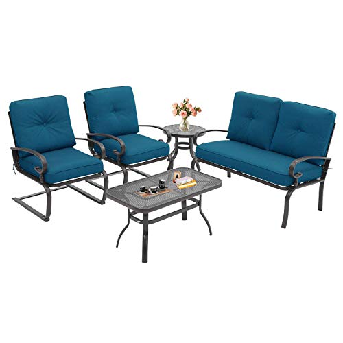 Oakmont 5Pcs Outdoor Patio Furniture Conversation Sets (Loveseat, Coffee Table and Bistro Table, 2 Spring Chair) -Wrought Iron Chair Set with Peacock Blue Cushions