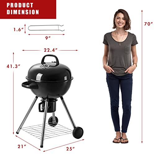 Devoko 22 Inch Charcoal Grill Premium Kettle Enamel Charcoal Grills with Adjustable Ash Catcher Plated Steel Grill Bakeware Clips Thermometer Wheels for BBQ Patio Garden Beach Outdoor Camping