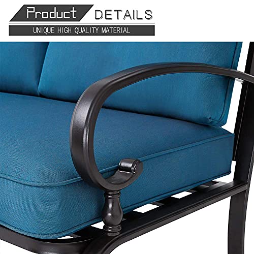 Oakmont 5Pcs Outdoor Patio Furniture Conversation Sets (Loveseat, Coffee Table and Bistro Table, 2 Spring Chair) -Wrought Iron Chair Set with Peacock Blue Cushions