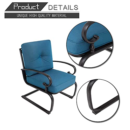 Oakmont 5Pcs Outdoor Patio Furniture Conversation Sets (Loveseat, Coffee Table and Bistro Table, 2 Spring Chair) -Wrought Iron Chair Set with Peacock Blue Cushions