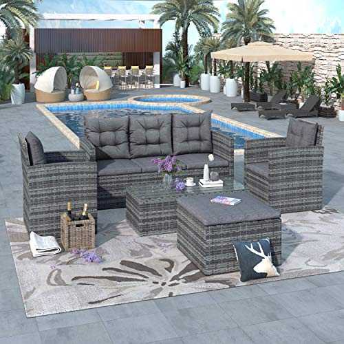 SIYAHOME Conversation 5 Piece UV Outdoor Patio Storage Bench Garden Furniture, PE Modular Set, All Weather Rattan Sofa Dining Table Chair, Grey Wicker, Gray
