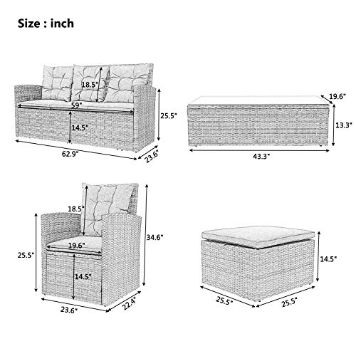 SIYAHOME Conversation 5 Piece UV Outdoor Patio Storage Bench Garden Furniture, PE Modular Set, All Weather Rattan Sofa Dining Table Chair, Grey Wicker, Gray