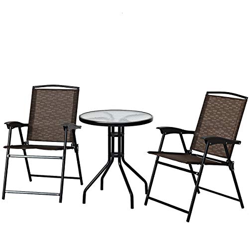 Goplus Patio Bistro Set, 3-Piece Patio Dining Furniture Set with Round Tempered Glass Table, 2 Foldable Chairs, Small Outdoor Folding Chairs & Table Set for Porch Garden Pool Yard