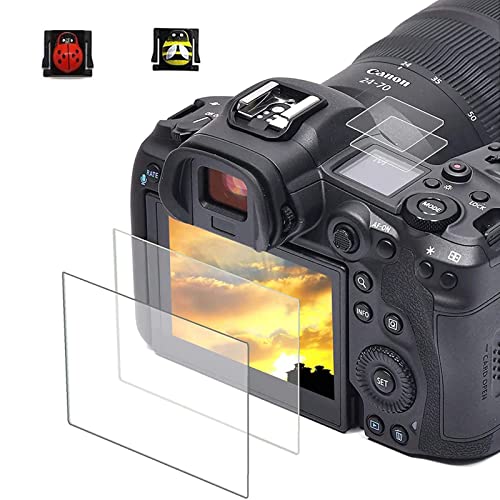 PCTC Screen Protector for EOS R5 Top Appliable for Canon R5 / R5 C Full-Frame Mirrorless Camera (2+2Pack), 0.3mm 9H Hardness Tempered Glass Screen Cover, 2* Hot Shoe Cap Cover (Ladybug & Bee)