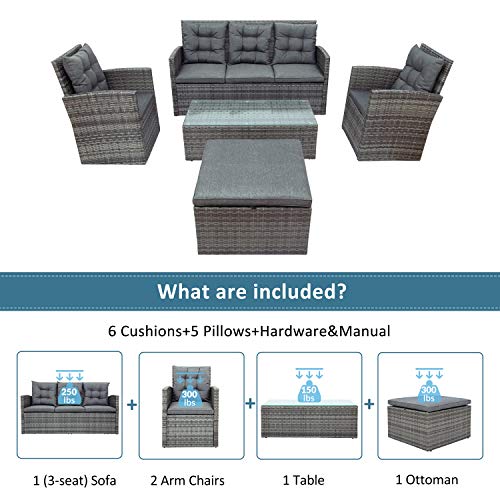 SIYAHOME Conversation 5 Piece UV Outdoor Patio Storage Bench Garden Furniture, PE Modular Set, All Weather Rattan Sofa Dining Table Chair, Grey Wicker, Gray