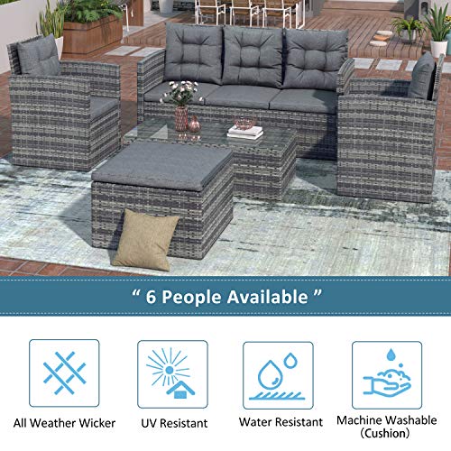 SIYAHOME Conversation 5 Piece UV Outdoor Patio Storage Bench Garden Furniture, PE Modular Set, All Weather Rattan Sofa Dining Table Chair, Grey Wicker, Gray