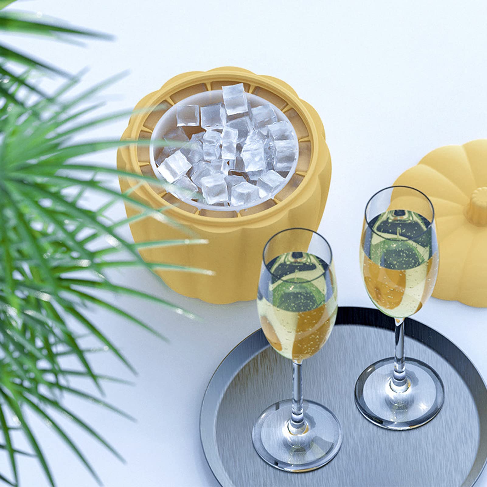 Silicone Pumpkin Ice Bucket with Lid, Portable Cute Small Cooler for Drinks, Parties, Poolside, Easy to, Yellow, Ice Container Ice Buckets for Parties