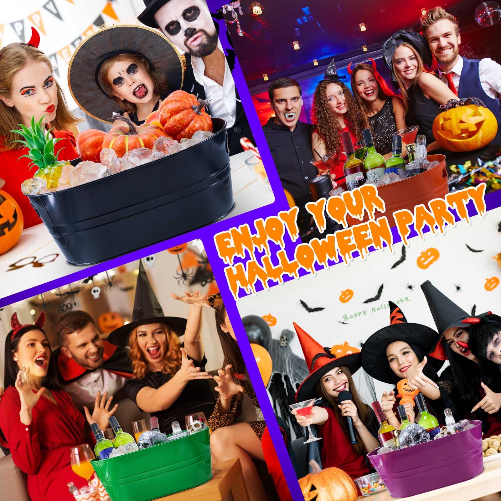 4 Pcs 4 Gallon Halloween Drink Buckets Large Ice Tubs for Parties Galvanized Metal Beverage Tin Bins for Beer Wine Champagne Cooler for Christmas Cocktail Bar Supplies