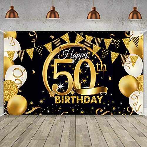 Birthday Party Decoration Extra Large Fabric Black Gold Sign Poster for Anniversary Photo Booth Backdrop Background Banner, Birthday Party Supplies, 72.8 x 43.3 Inch (50th)