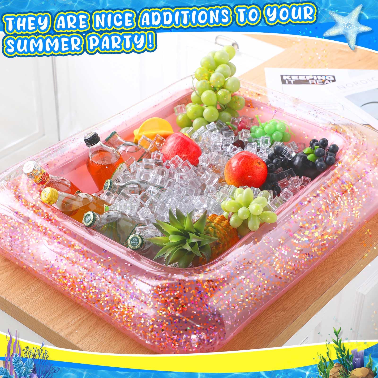 meekoo 3 Pcs Inflatable Cooler Inflatable Serving Bar Salad Ice Buffet Tray Container for Party with Glittering Confetti Drain Plug for Food Drink Pool Beach BBQ Picnic, 1 Rectangle 2 Square (Pink)
