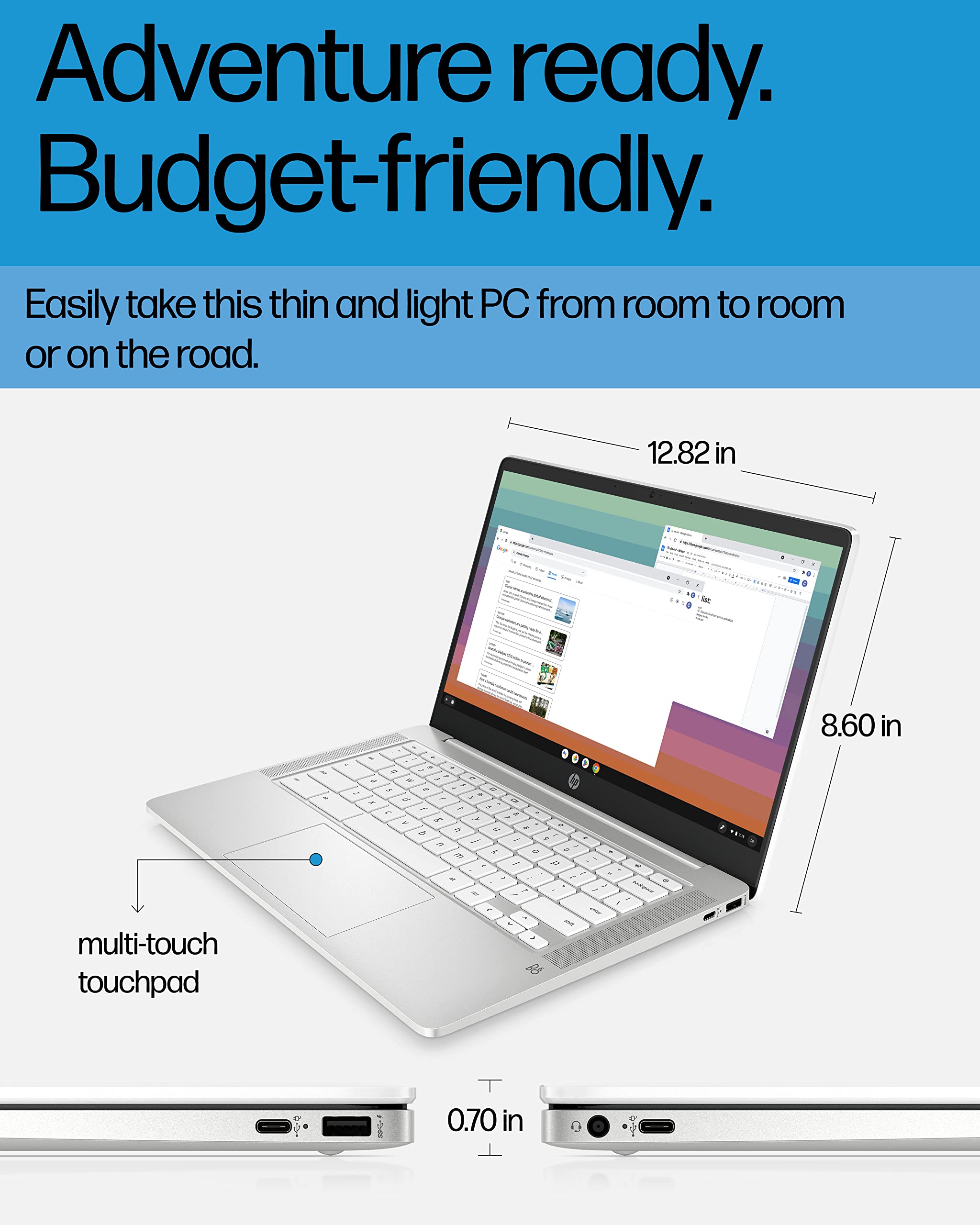 HP Chromebook 14 Laptop, Intel Celeron N4120, 4 GB RAM, 64 GB eMMC, 14" HD Display, Chrome OS, Thin & Portable, 4K Graphics, Long Battery Life, Snow White Keyboard (14a-na0210nr, 2022, Ceramic White)