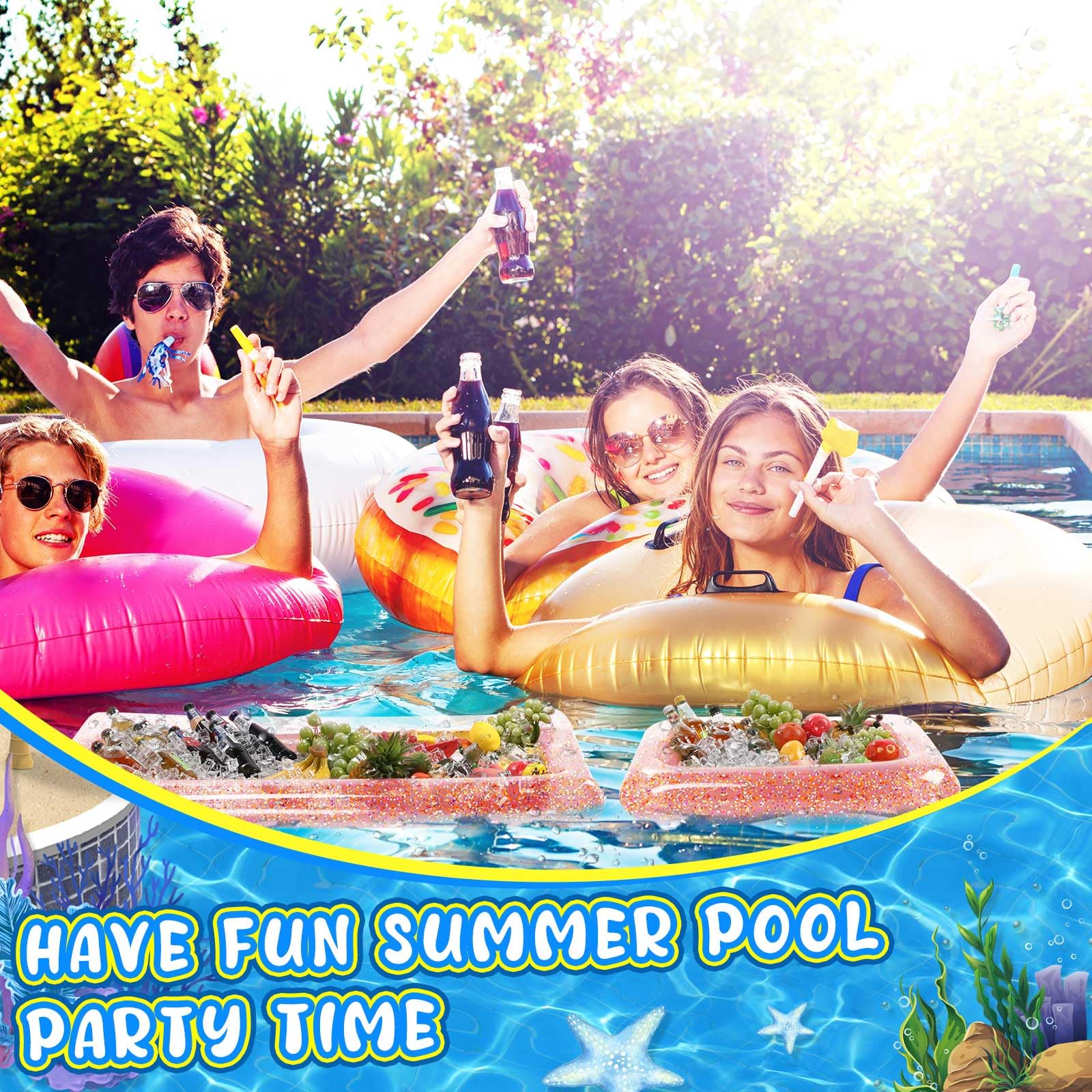 meekoo 3 Pcs Inflatable Cooler Inflatable Serving Bar Salad Ice Buffet Tray Container for Party with Glittering Confetti Drain Plug for Food Drink Pool Beach BBQ Picnic, 1 Rectangle 2 Square (Pink)