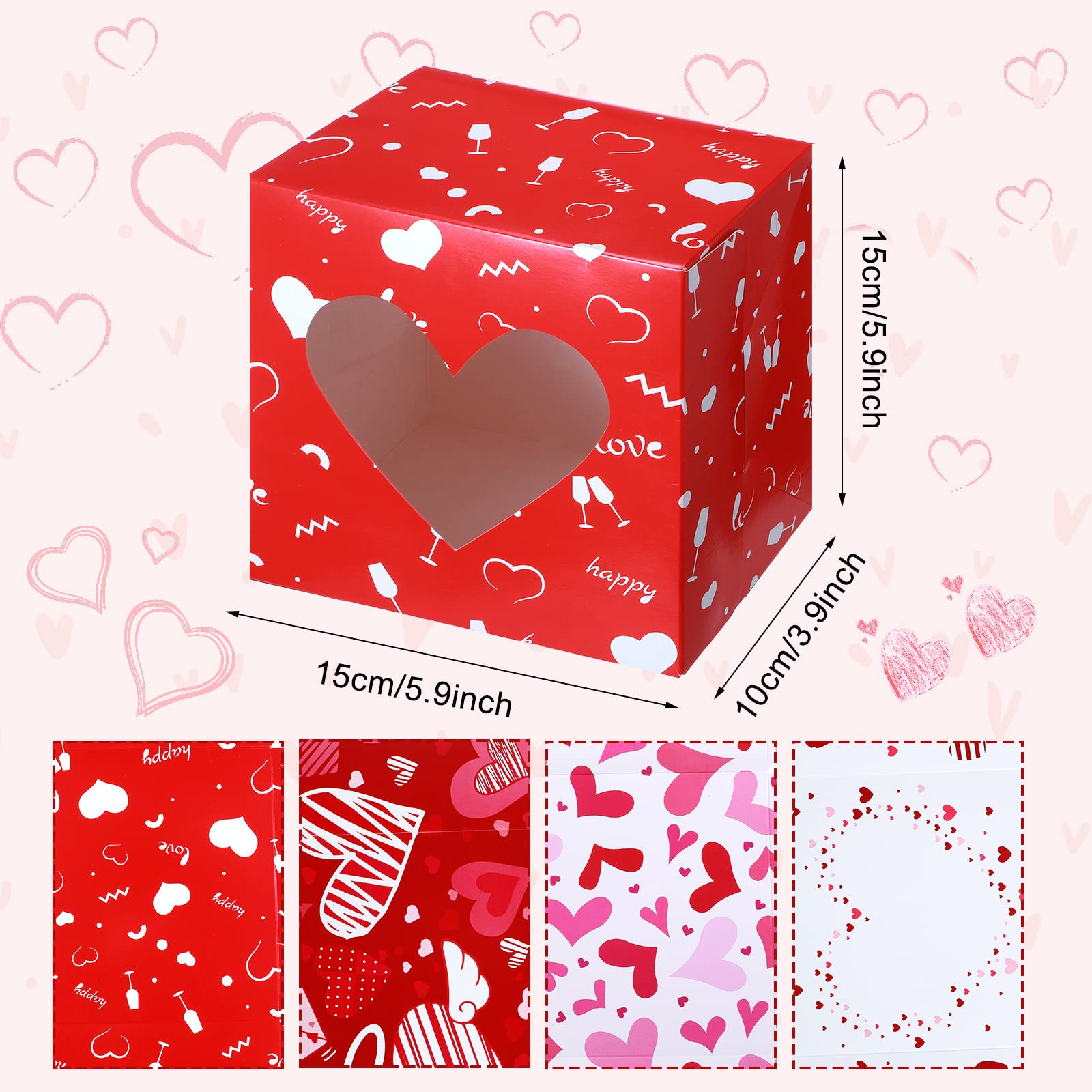 16 Pieces Valentines Day Treat Boxes with Windows Valentine's Day Strawberry Boxes Valentines Day Goodie Boxes with PVC Heart Window Pink Red Valentines Cupcake Boxes 6 x 6 x 4 Inch for Valentines