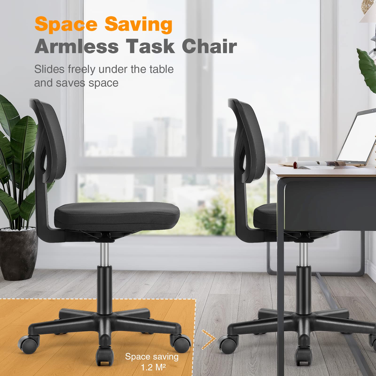 Armless Mesh Office Chair, Ergonomic Computer Desk Chair, No Armrest Small Mid Back Executive Task Chair with Lumbar Support and Swivel Rolling for Small Spaces, Black