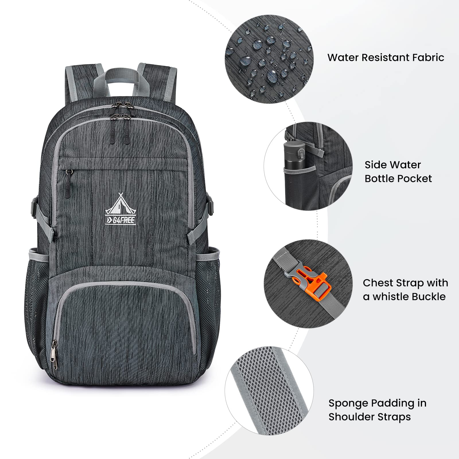 G4Free 30L Hiking Backpack Lightweight Packable Shoulder Daypack Outdoor Travel Foldable for Men Women(Black)