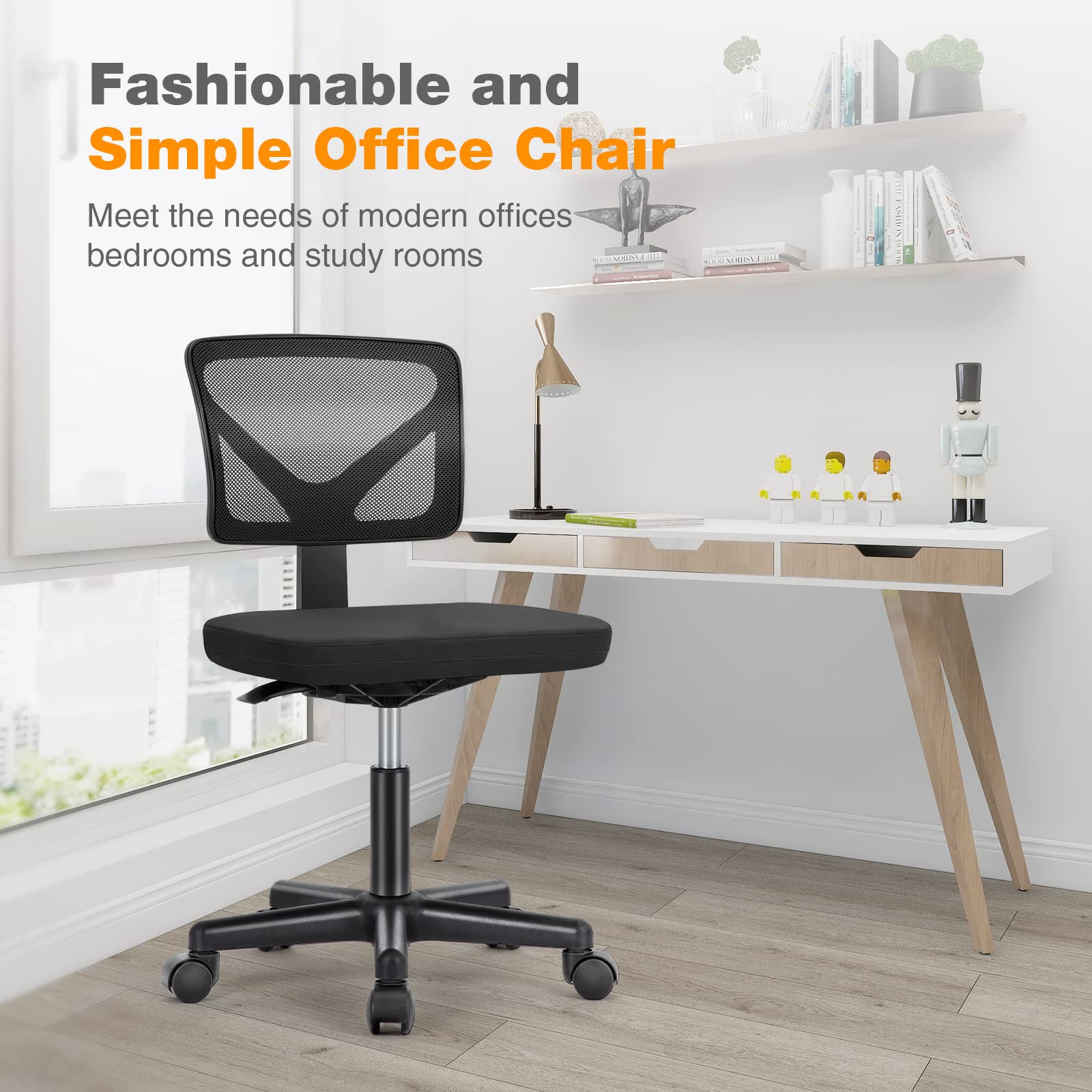 Armless Mesh Office Chair, Ergonomic Computer Desk Chair, No Armrest Small Mid Back Executive Task Chair with Lumbar Support and Swivel Rolling for Small Spaces, Black