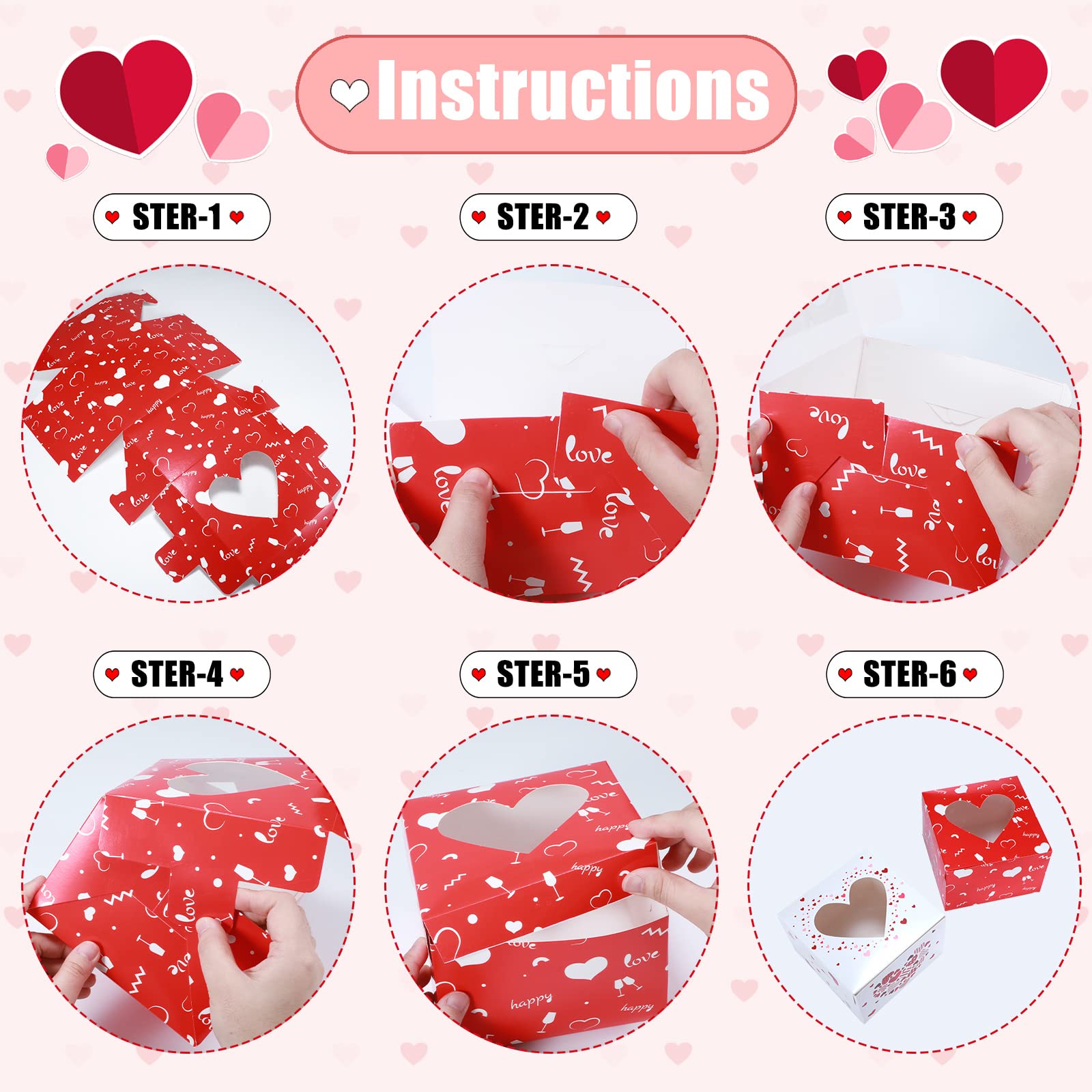 16 Pieces Valentines Day Treat Boxes with Windows Valentine's Day Strawberry Boxes Valentines Day Goodie Boxes with PVC Heart Window Pink Red Valentines Cupcake Boxes 6 x 6 x 4 Inch for Valentines