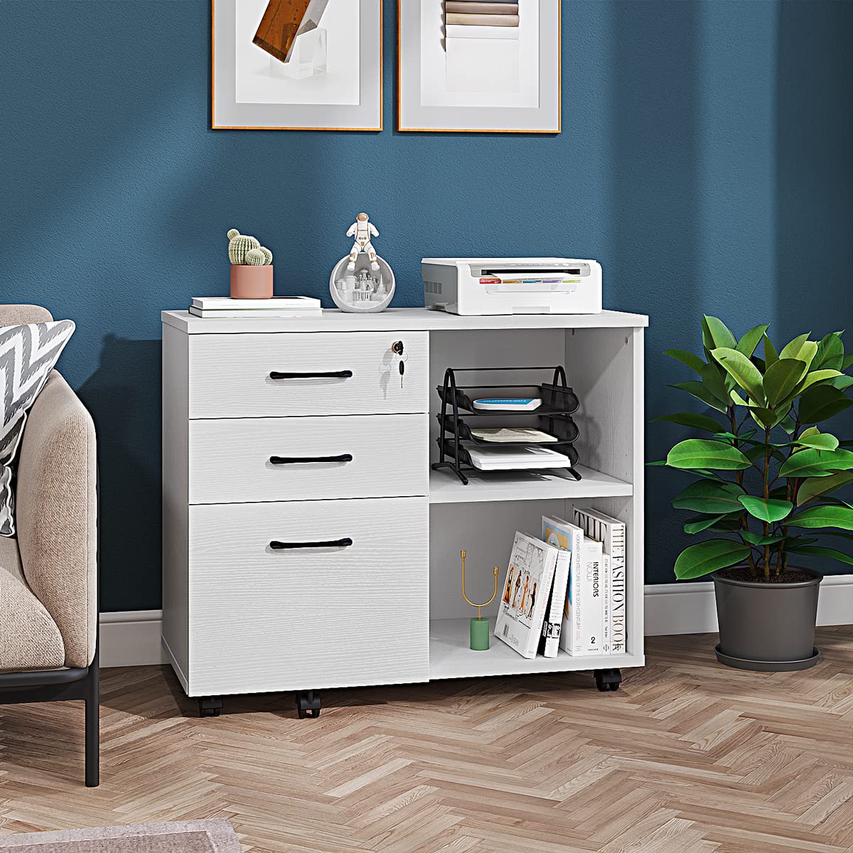 Wood File Cabinet, 3 Drawer Mobile Lateral Filing Cabinet On Wheels, Printer Stand with Open Storage Shelves for Home Office(White)