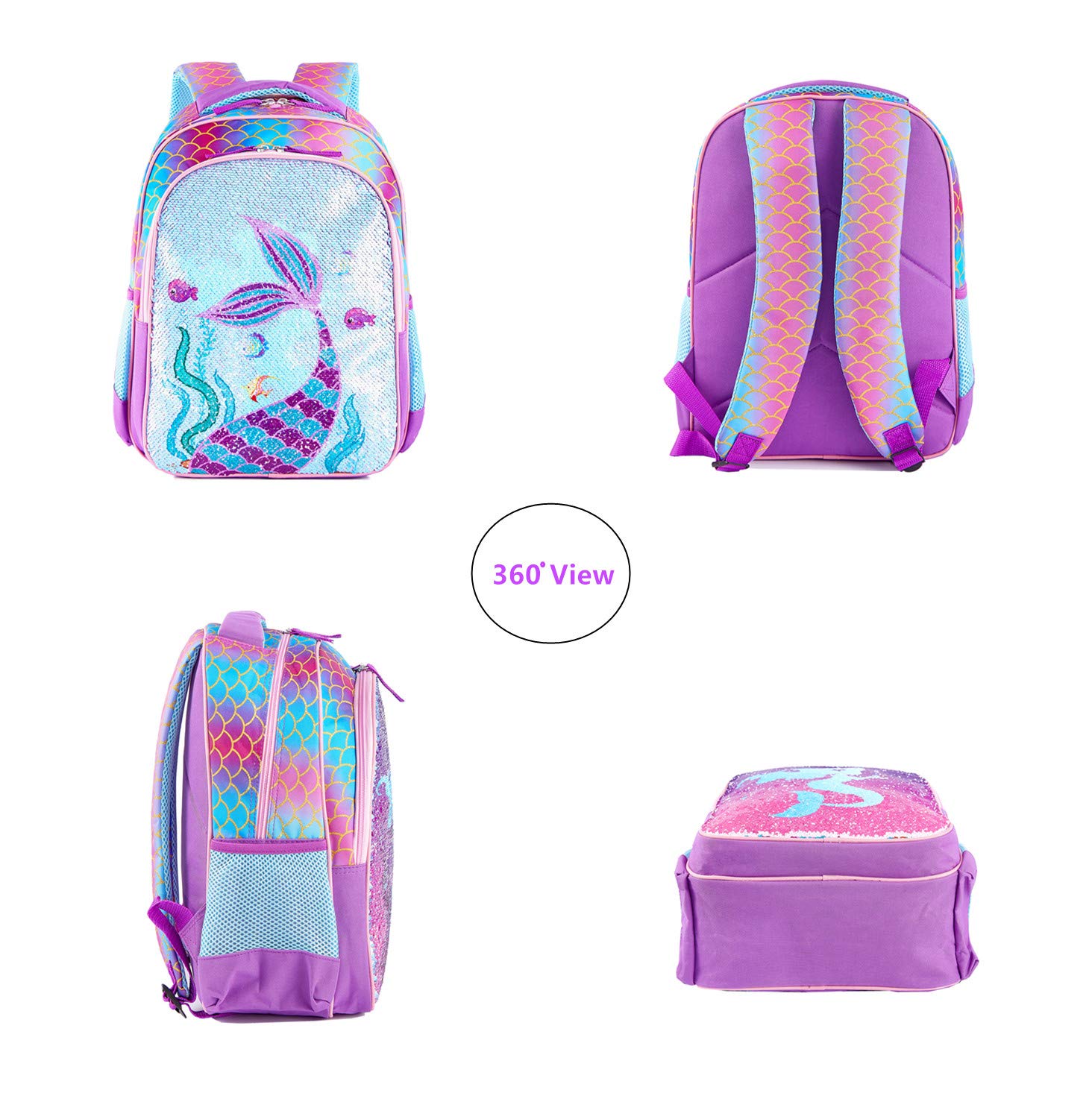 Reversible Sequin School Backpack Lightweight Little Kid Book Bag with Lunch Bag Set for Preschool Kindergarten Elementary (15", Mermaid with Lunch Bag)