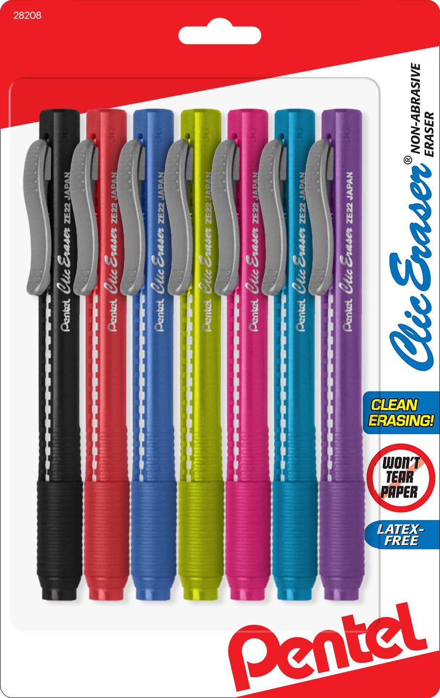 Pentel Clic Eraser, Retractable Pen Style Grip Eraser, Pack Of 7 Assorted Colors Pentel Click Erasers, Big Eraser For Drawing, Art, Drafting & Sketching For Adults & Kids Office & School Supplies.