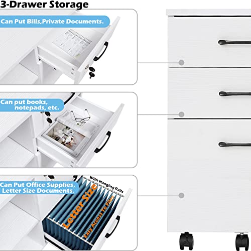 Wood File Cabinet, 3 Drawer Mobile Lateral Filing Cabinet On Wheels, Printer Stand with Open Storage Shelves for Home Office(White)