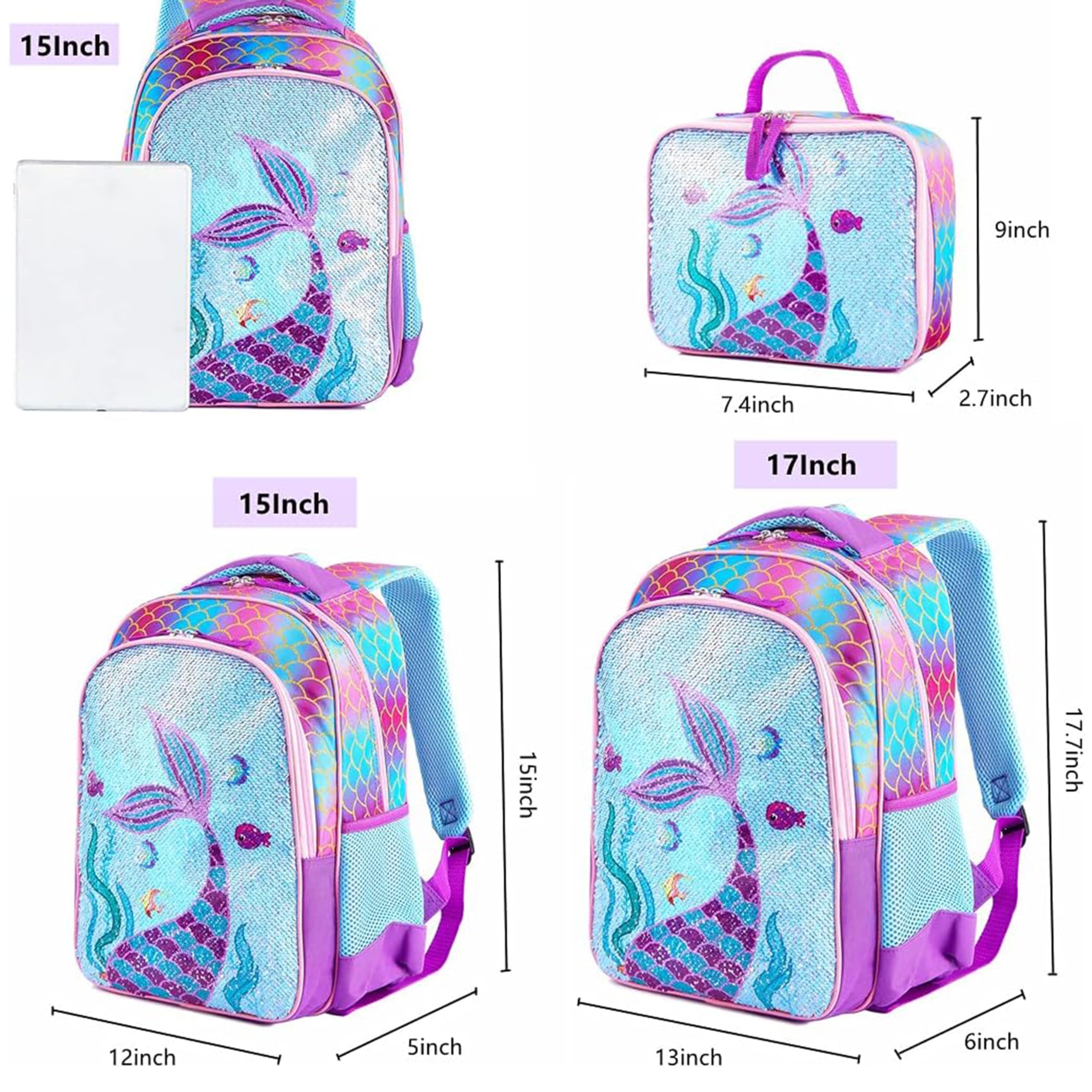 Reversible Sequin School Backpack Lightweight Little Kid Book Bag with Lunch Bag Set for Preschool Kindergarten Elementary (15", Mermaid with Lunch Bag)