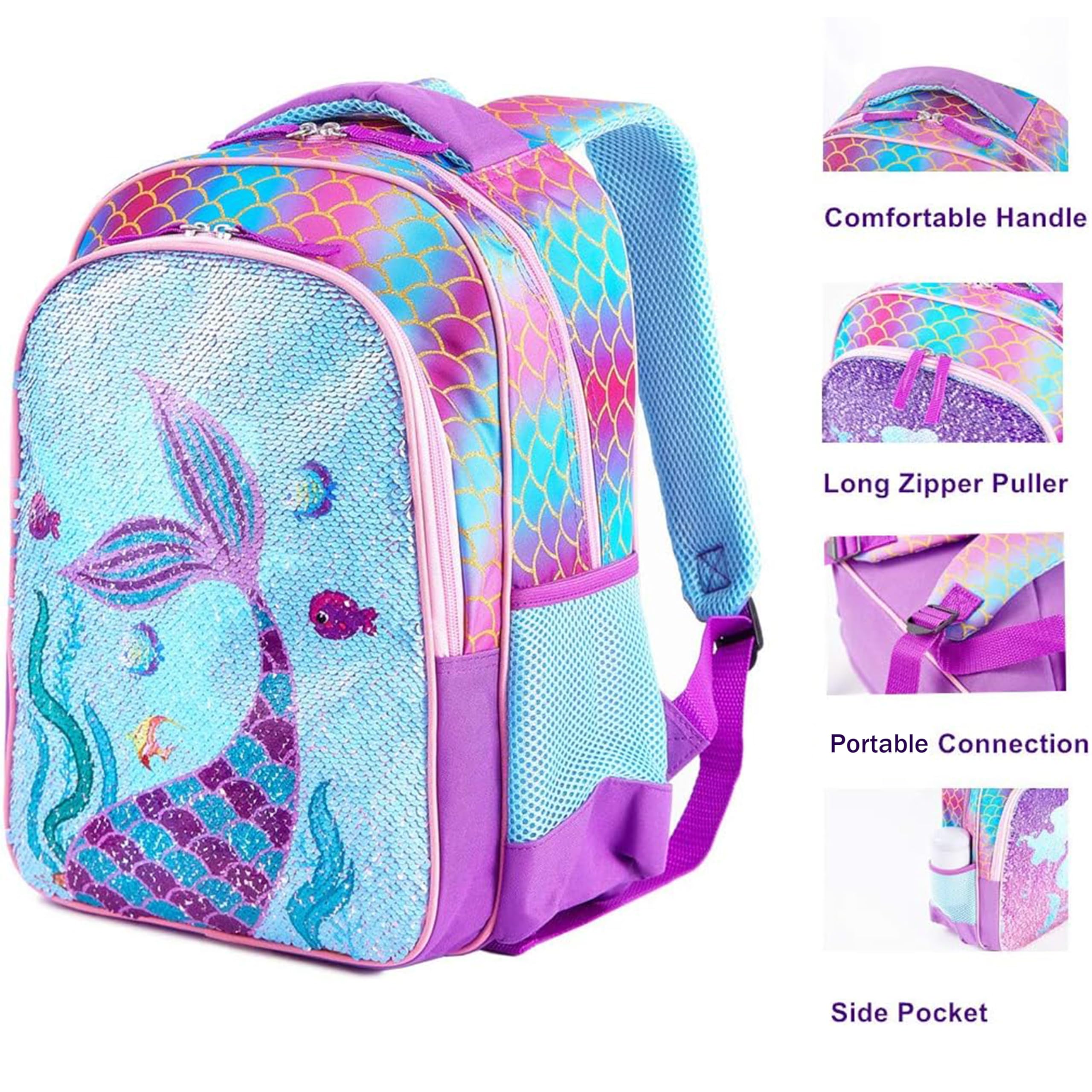 Reversible Sequin School Backpack Lightweight Little Kid Book Bag with Lunch Bag Set for Preschool Kindergarten Elementary (15", Mermaid with Lunch Bag)