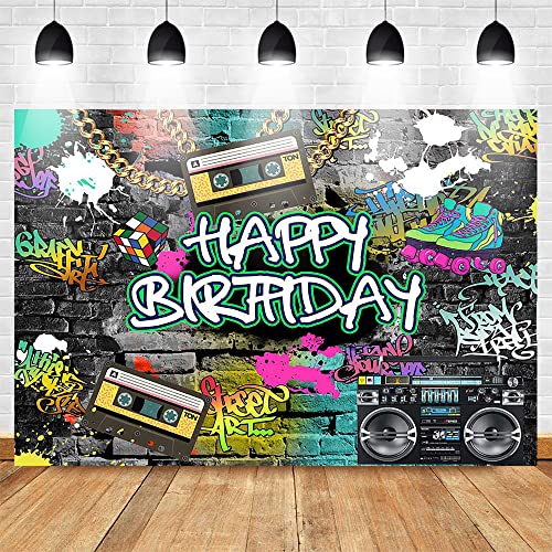 Mocsicka Graffiti 80's 90's Birthday Backdrop Urban Retro Birthday Party Background 80's 90's Hip Hop Rock Birthday Party Cake Table Decoration Banner Photo Booth Props (7x5ft)
