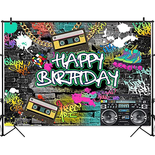 Mocsicka Graffiti 80's 90's Birthday Backdrop Urban Retro Birthday Party Background 80's 90's Hip Hop Rock Birthday Party Cake Table Decoration Banner Photo Booth Props (7x5ft)