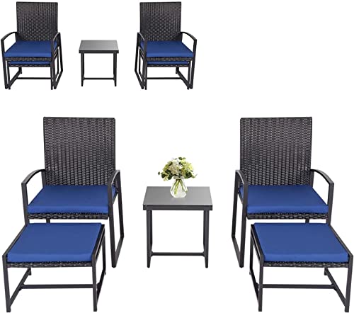 kinbor 5 Pieces Wicker Patio Furniture Set - PE Rattan Outdoor Patio Chairs with Ottomans Conversation Sets with Glass Coffee Table and Cushions for Poolside, Garden, Balcony, Porch (Dark Blue)