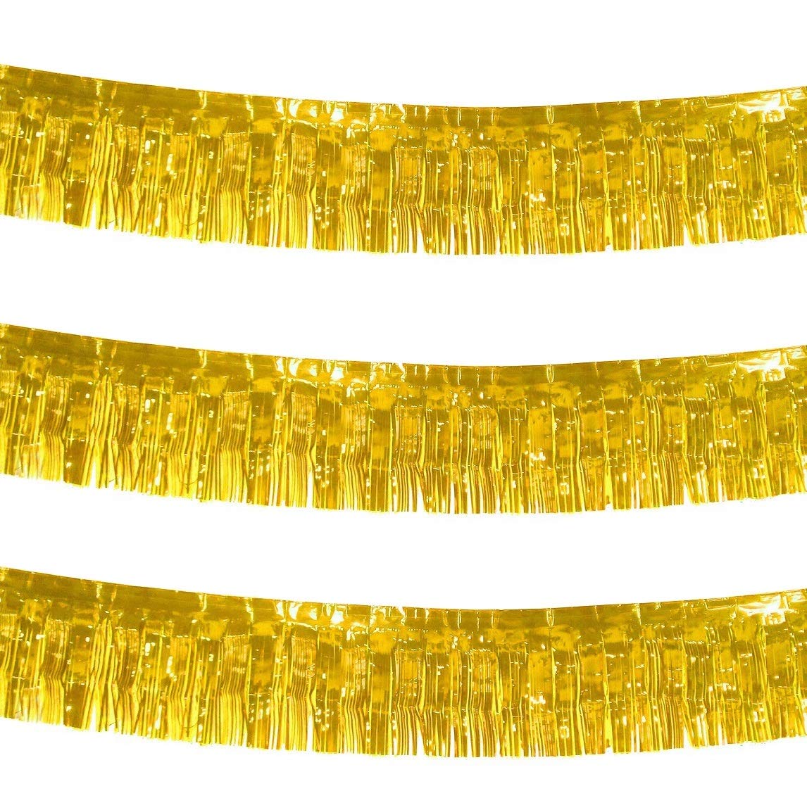 Blukey 10 Feet Long Roll Metallic Fringe Garland (Set of 3) Gold Tassel Foil Banner - Party Supplies for Parade Floats, Fiesta Backdrop, Patriotic Decorations, Wedding, Birthday (Gold)