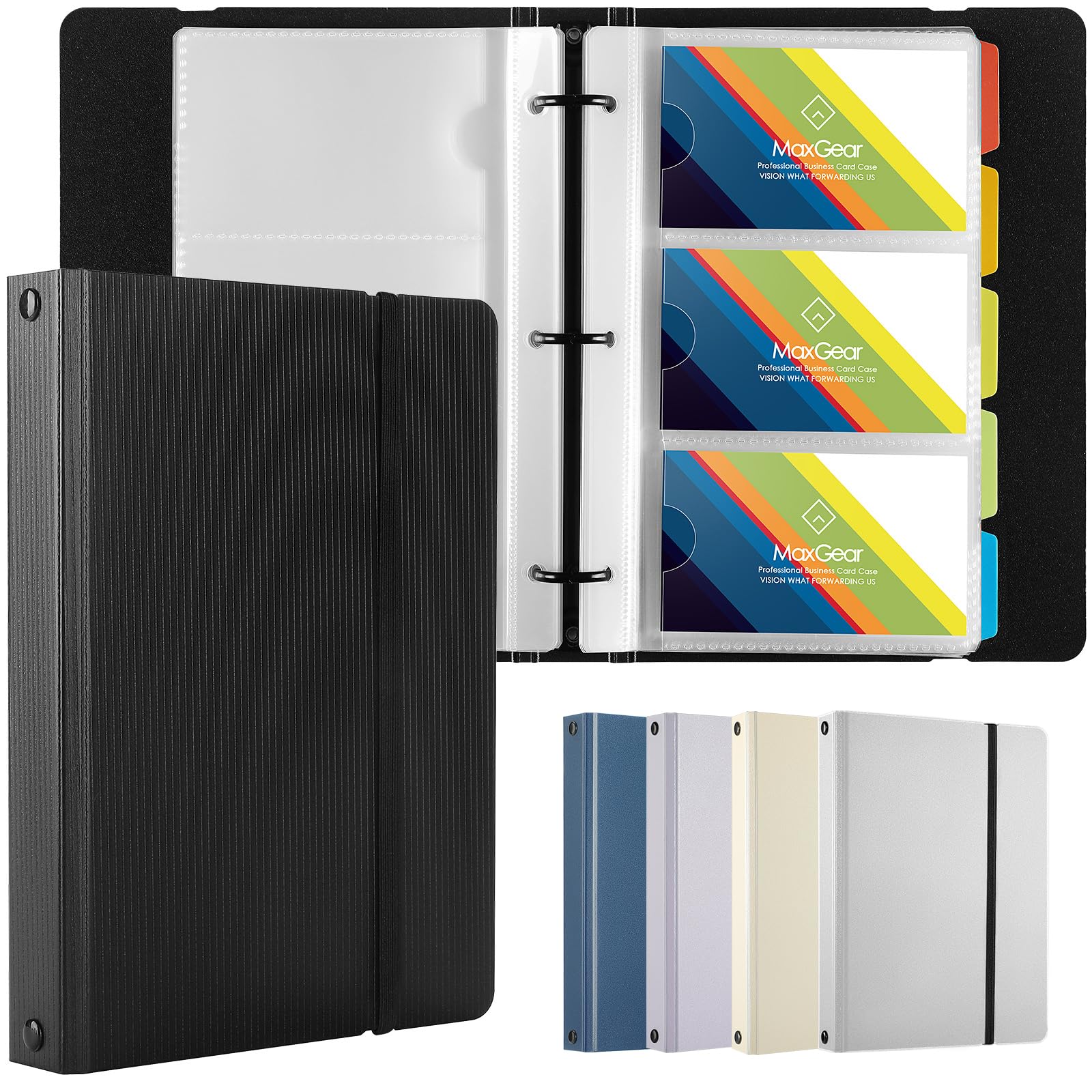 MaxGear Business Card Organizer, Business Card Holder Book Credit Card Binder File Sleeve Storage, Portable Business Card Holders Name Cards Holder Men & Women, 5 Color Index Tabs, Capacity: 180 Cards