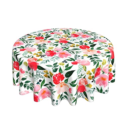 Summer Spring Floral Tablecloth Round 60 Inch,Watercolor Pink Flower Green Leaf Table Cover Water Resistant Washable Polyester Circle Table Cloth for Kitchen Dining Indoor Outdoor Table Decor