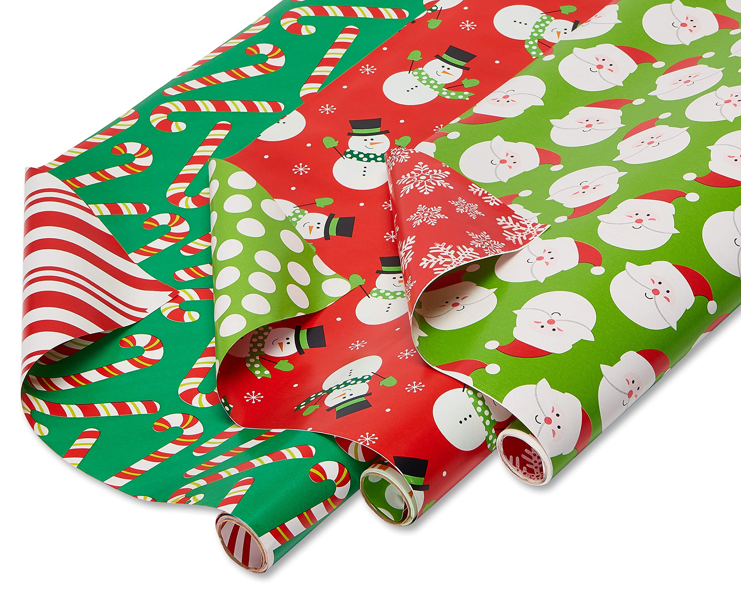 American Greetings Reversible Christmas Extra-Wide Wrapping Paper Bundle, Santa, Snowmen and Candy Canes (3 Rolls, 120 sq. ft.)