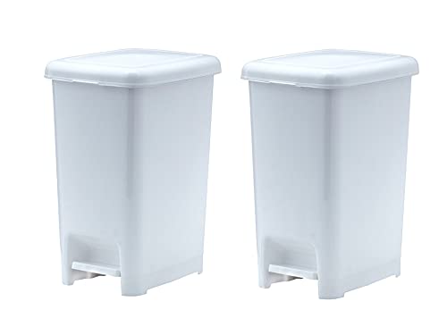 Superio 10.5 Gallon Slim Step On Pedal Plastic Trash Can, Waste Bin for Under Desk, Office, Bedroom, Bathroom- 42 Qt Beige 2 Pack (White)