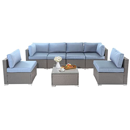 SOLAURA 7-Piece Outdoor Patio Furniture Set, Gray Wicker Conversation Furniture Modular Sectional Sofa Set with YKK Zipper &Coffee Table - Sky Blue